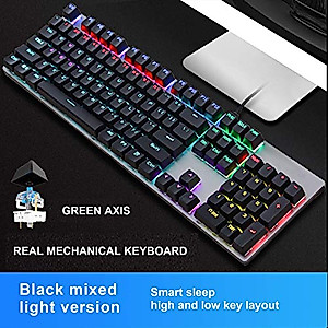 NBSXR -Manipulator keyboard with full keys without punching, metal panel, high-low key layout, 104-key dustproof USB interface, rainbow gaming keyboard,Green