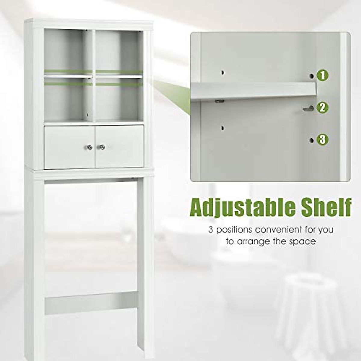 Giantex Over The Toilet Storage Cabinet Shelf, Toilet Shelf Organizer Cabinet Toilet Storage Rack w/ 4 Open Cubes Adjustable Shelves & Double-Door Cabinet, Bathroom Organizer Over Toilet, White