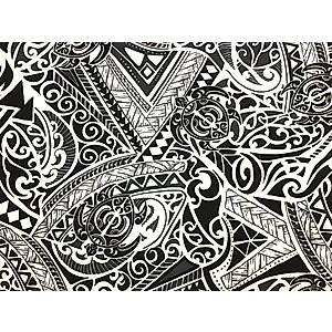 Black and White Tribal with Honu (Turtle) Hawaiian Print Poly Cotton Fabric Sold by The Yard