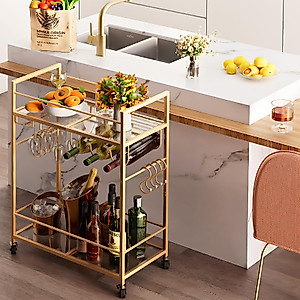 Bar Cart Rose Gold Home Bar Serving Mobile Cart, 2 Tiers Wine Cart with Wine Rack and Glass Holder, Modern Rolling Alcohol Wine Cart, Wine Holders for Home Kitchen Dining Living Room and Party Copper