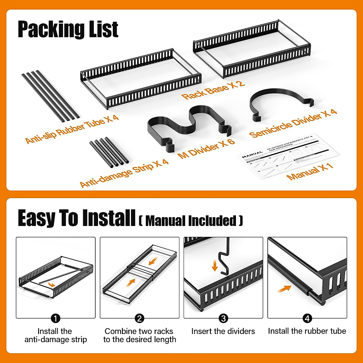 ORDORA Pot and Pan Organizer Rack for Cabinet - Expandable Cutting Board Pot Lid Organizer Holder with 11 Adjustable Dividers for Kitchen Cabinet Cookware Baking Frying Rack