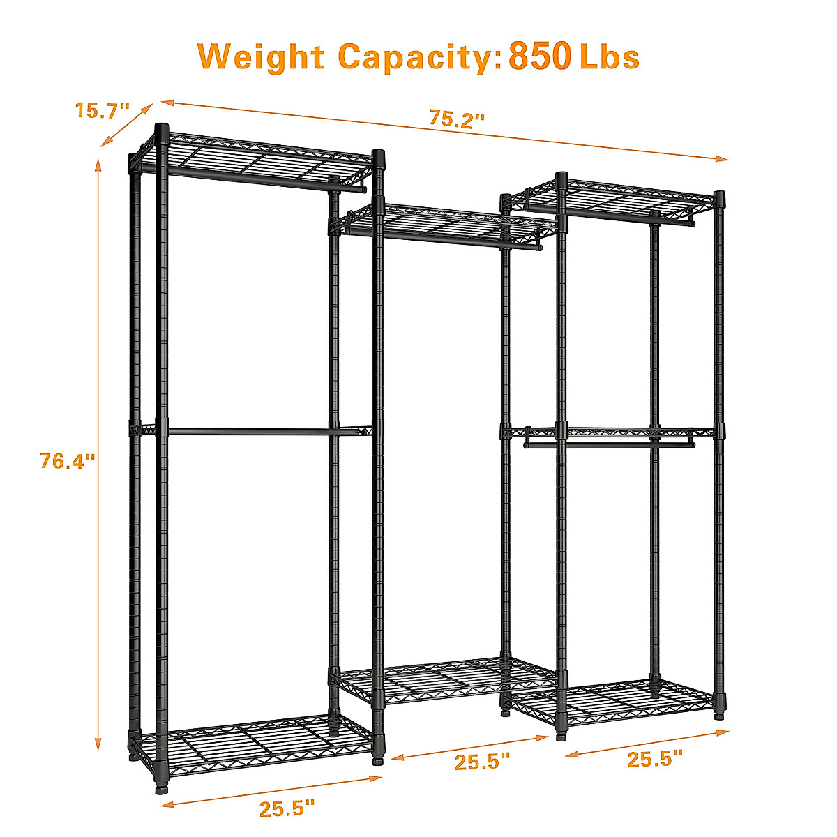 Tophorse T3 Portable Closet Clothes Rack, Heavy Duty Clothing Rack with 5 Hang Rods & 7 Shelves, Adjustable Closet Organizers and Storage Wardrobe, 75.2" W x 15.7”D x 76.4”H, Max Load 850LBS