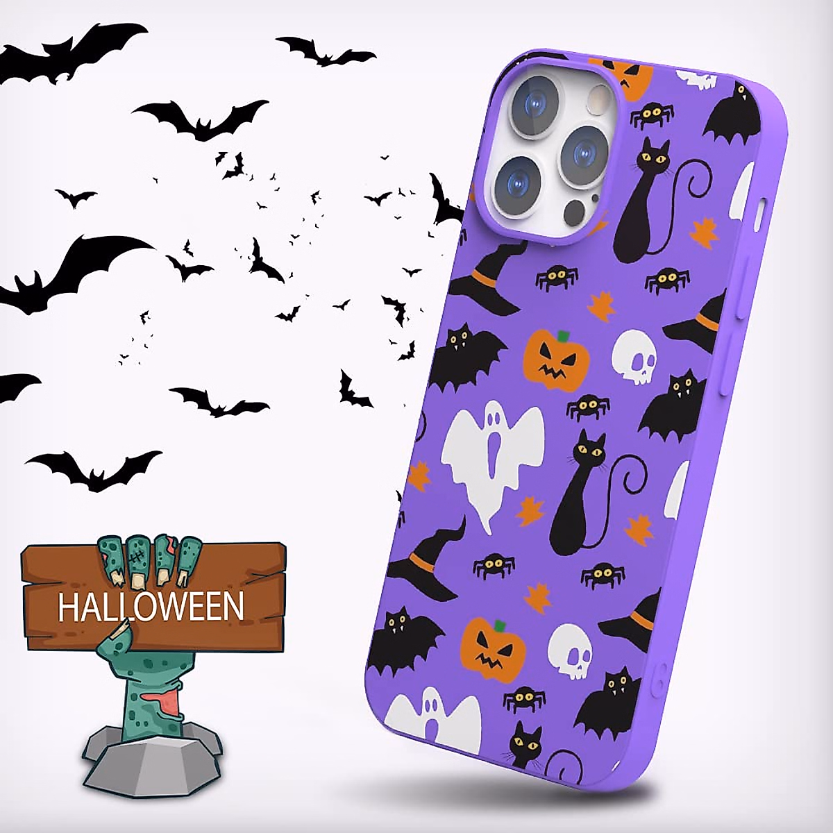 CAROKI Halloween Matte Phone Case for iPhone 13 Pro Max with Purple Matte Halloween Ghost Pumpkin Pattern Soft TPU Anti-Fall Protective Slim Shockproof Cover for iPhone 13 Pro Max