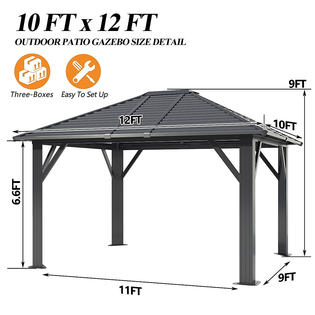 GARTOO 10' x 12' Patio Hardtop Gazebo - Outdoor Metal Hard Top with Breathable Mesh, Galvanized Steel Top Gazebo for Garden, Lawn, Outdoor Party (Black)