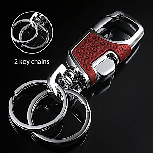 Car Key Chain, Heavy Duty Stainless Steel Keys Holder with D Ring, One Click Release Keychain Organizer for Men Women (Brown/Red)