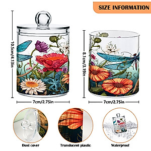 2 Pack Qtip Holder Dispenser with Lids, Dragonfly Flowers Floral Plastic Storage Containers,Bathroom Canisters Organizer for Cotton Ball, Cotton Swab, Cotton Round Pads, Floss 21214450