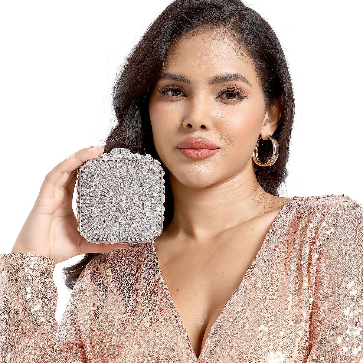 Cute Women Crystal Box Clutch Evening Bags Wedding Party Cocktail Rhinestone Handbags and Purses (Mini Square,Silver)