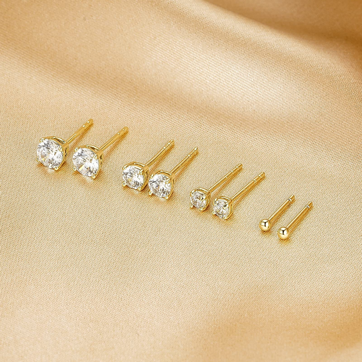 Dabestapp 14K Gold Plated CZ Stud Earrings Simulated Diamond Hypoallergenic Piercing Ear Studs Set 2mm /3mm/4mm/5mm for womens and girls（4Pairs ）