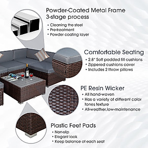 7 Piece Outdoor Patio Furniture Sets with Cushions, Outdoor PE Rattan Wicker Sectional Conversation Patio Couch Sofa Set with Coffee Table, for Garden, Deck, Poolside, Gray