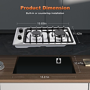 Eascookchef Gas Stove Top 2 Burner,Bulit-in Gas Cooktop 12 inch,Stainless Steel Propane Cooktop, NG/LPG Convertible,Drop-in Gas Burner, 2 Burner Gas Stove with Thermocouple Protection, RV Stove
