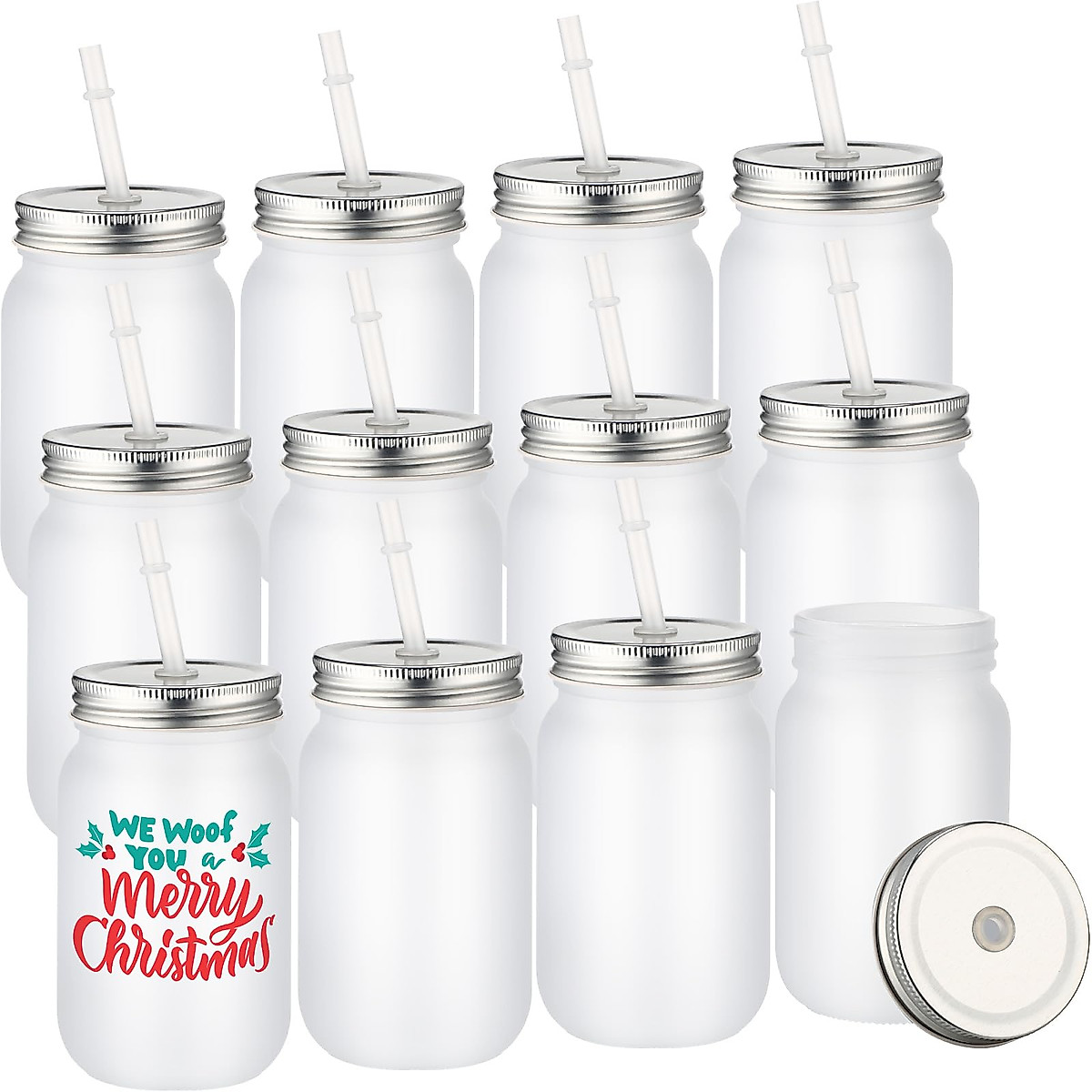 Zubebe 12 Pcs 14 oz Sublimation Glass Blanks Frosted Sublimation Glass Cups with Lids and Straws Glass Sublimation Wide Mouth Jar Tumbler Cups Mugs for Iced Coffee Beer Juice