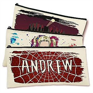 Personalized Super Hero Pencil Case w/Name Students - Custom Superhero Pen Box Birthday Gifts Boys Girls - Customized Canvas Pencils Cases Box - 10''x6'' - Man Pencil Pouch Spider Bat Design C1 Beige