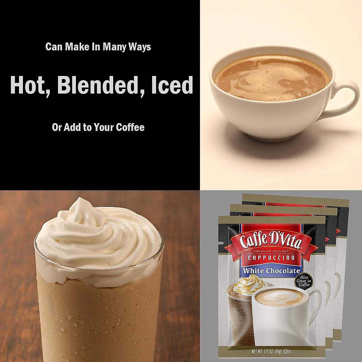 Caffe D'Vita Cappuccino Assortment (White Chocolate, English Toffee, Hazelnut, Mocha, French Vanilla, Caramel) - Instant Cappuccino Mix, Gluten Free - 0.5 oz each, 18 Packets, 6 of Each Flavor