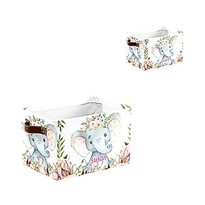 Personalized Watercolor Elephant Flower Storage Bin with Name Waterproof Canvas Organizer Bin with Handles for Gift Baskets Book Bag (1 Pack)