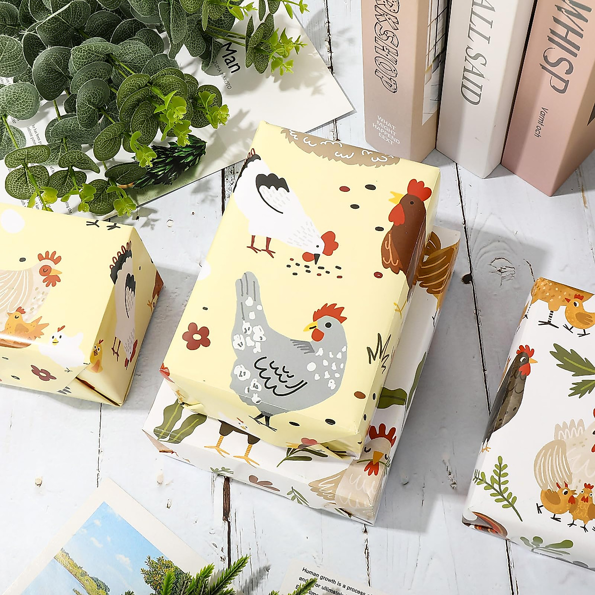 JarThenaAMCS 8 Sheet Farm Animal Wrapping Paper -Not Roll- Chicken Gift Wrap Paper Folded Flat Art Paper for DIY Crafts Baby Shower Birthday Party Supplies, 19.7 x 27.6 Inch