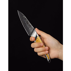 SANMUZUO 3.5 inch Paring Knife, Japanese VG-10 Damascus Steel Kitchen Knife, Ultra Sharp Fruit Knife with Full-tang Handle in Yellow Resin, LA-S9 Series