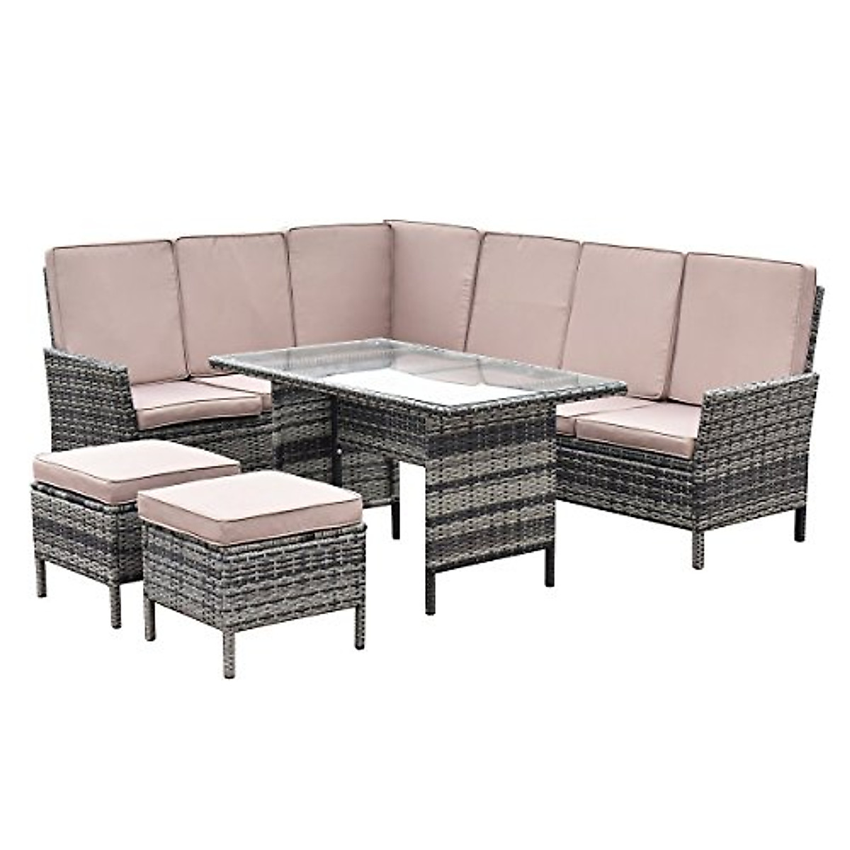 Tangkula 5 Pieces Patio Furniture Set Wicker Rattan Steel Frame Patio Outdoor Garden Conversation Set High Back Sectional Sofa Set with Tempered Glass Top Dining Table
