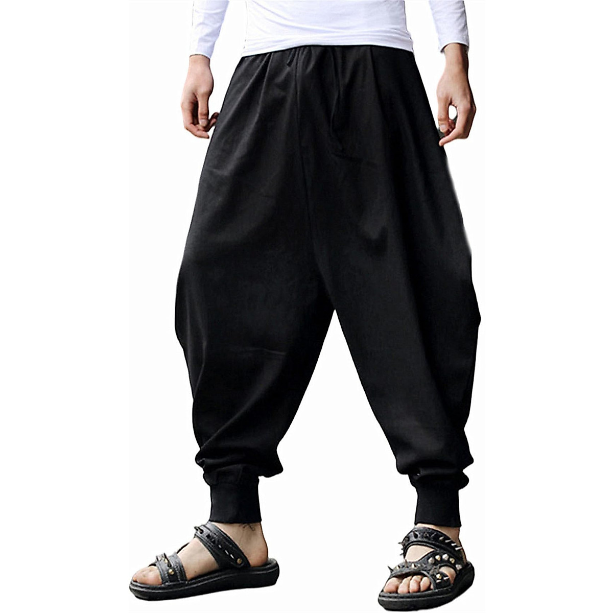 AITFINEISM Men's Drawstring Aladdin Hippie Harem Pants Loose Drop Crotch Trousers (Medium, Black-2)