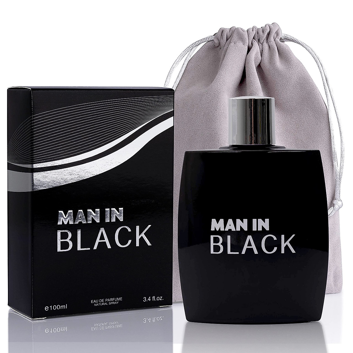 NovoGlow Man in Black for Men - Luxurious Aroma in Each 3.4 fl Oz Black Glass Bottle - Top Notes of Bergamot and Pineapple Formulated with Essential Oils - Fantastic Gift Choice - Grey Suede Pouch