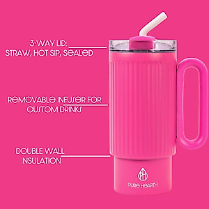 PURE HEARTH EcoFuse Tumbler with Handle and Straw 40 oz | Twist on 3 Way Lid | Double Wall Vacuum Insulated Stainless Steel Cup for Travel | Infusion Filter | Keep Hot and Cold | BPA Free