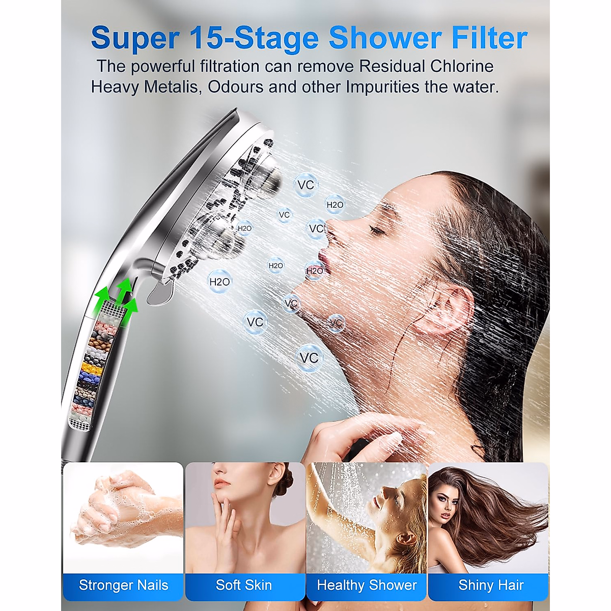 Surpzon Filtered Massage Shower Head with Handheld Spray Combo, 10 Modes High Pressure Shower Heads with 3 Massage Beads, Detachable Shower Head with 59" Hose & Replaceable Filters for Hard Water