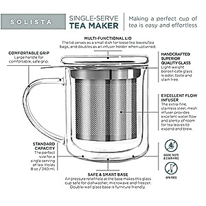 Teabloom Single-Serve Tea Maker - Double Wall Glass Cup with Infuser Basket and Lid for Steeping, Solista Brewing Mug (8 OZ)