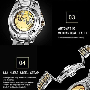Luxury Men Automatic Mechanical Wristwatch Waterproof Stainless Steel Diamond Watch Golden Skeleton Men's Clock