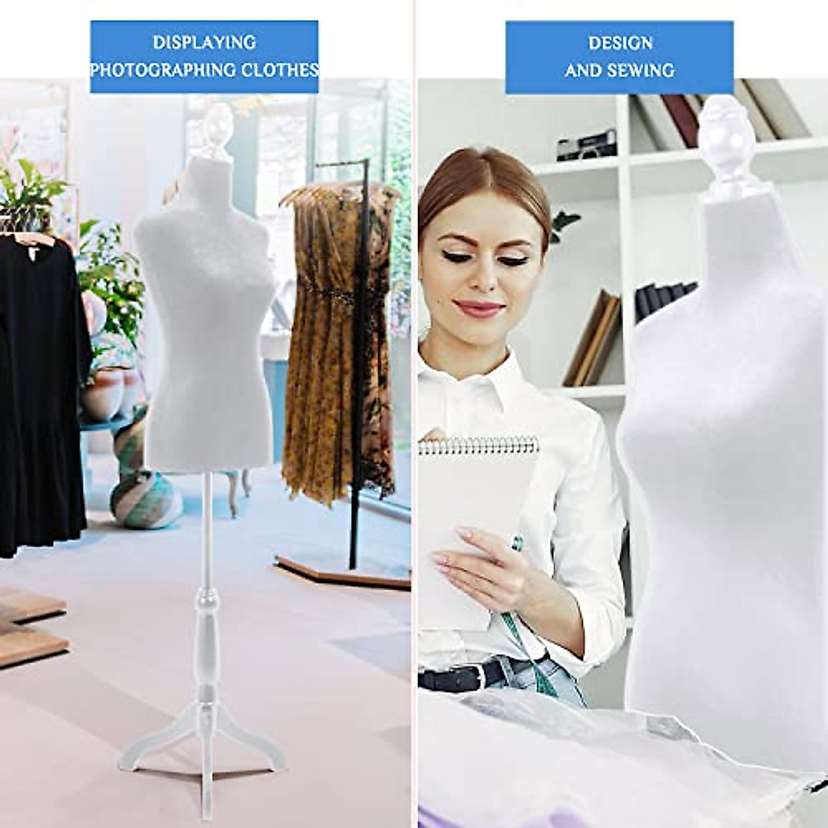 Dress Form Mannequin Torso with Wooden Tripod Stand, 50-63 inch, Adjustable Height for Clothing Display, Sewing, Photographing, Portable Female Body Shape,White