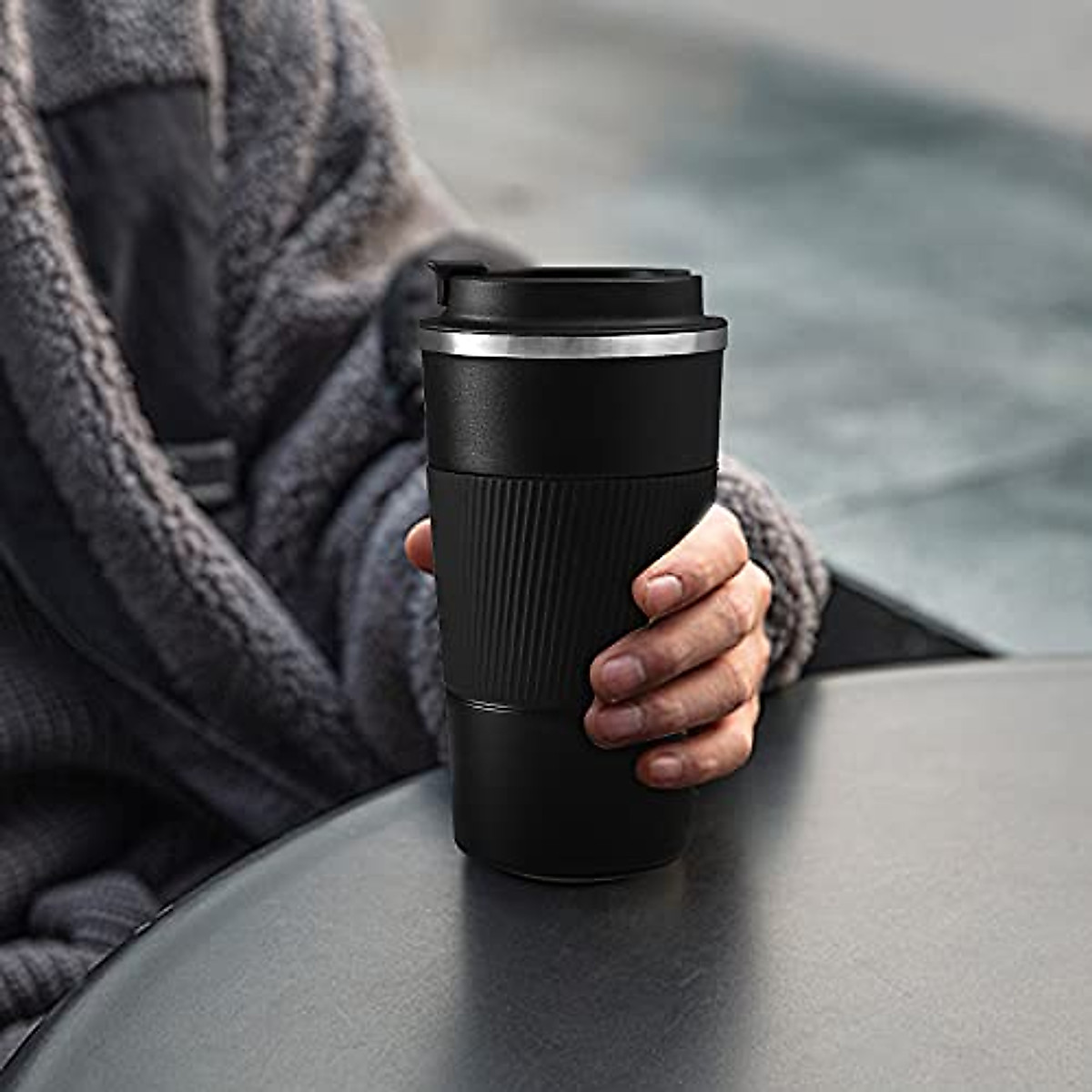 380ml/13 oz Travel Mug Tumbler Coffee Cup Vacuum Insulation with Lid Leakproof Stainless Steel Non-Slip Protective Cover Reusable for Hot&Cold Coffee Water Tea Drinks (13 oz, Black)