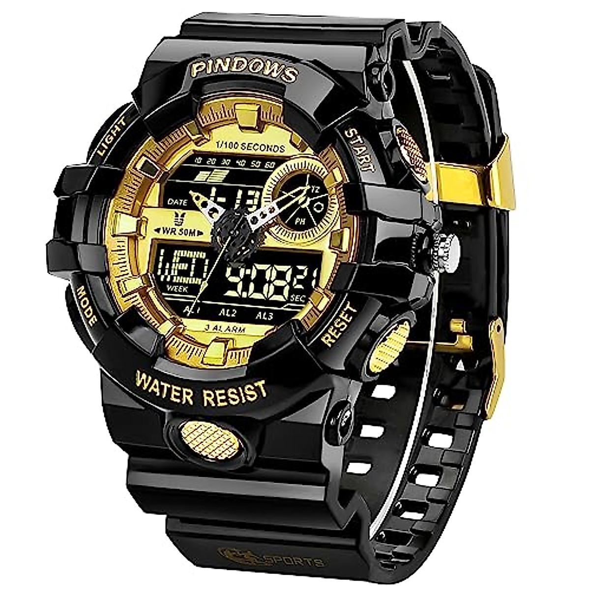 PINIDOUS Mens Watch for Men Digital Sport Watch Gold Watches Waterproof Watches with 3 Alarms/Countdown/Stopwatch/Digital-Analog/Dual Time/Light/Military Multifunctional Wrist Watch