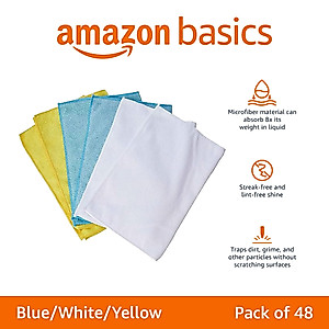 Amazon Basics Microfiber Cleaning Cloths, Non-Abrasive, Reusable and Washable, Pack of 48, Blue/White/Yellow, 16" x 12"