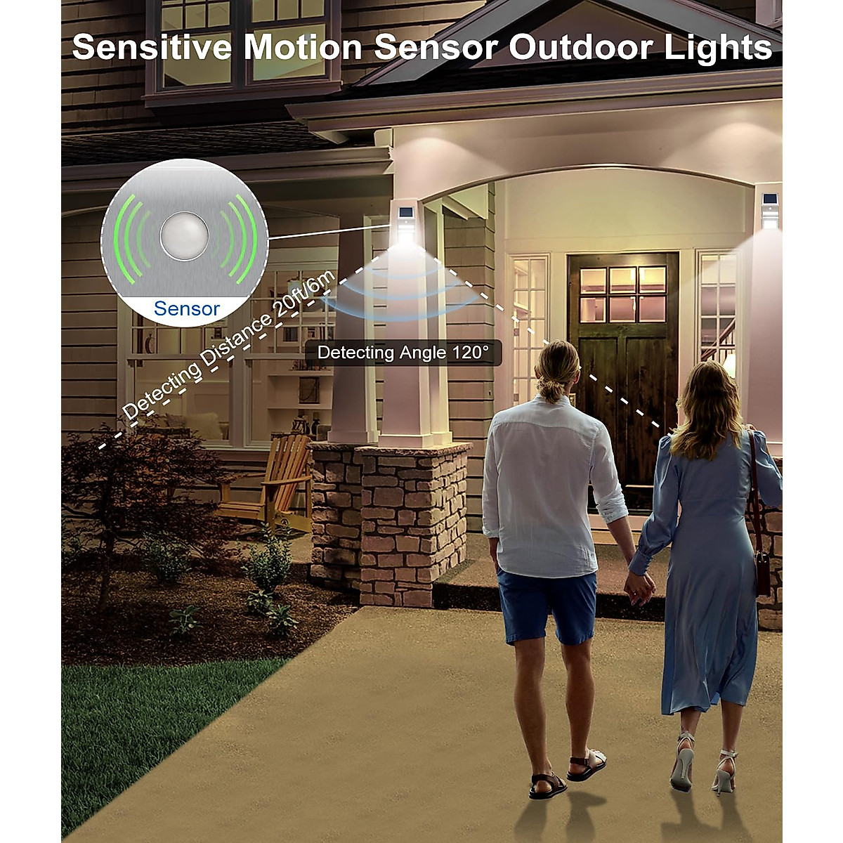 Roopure Solar Fence Light 8 Pack Bundle, Solar Motion Lights Cool White Lighting & Solar Wall Light Outdoor Up and Down Warm Lighting Security and Decorative for Yard Fence Deck Step Wall Porch Garden