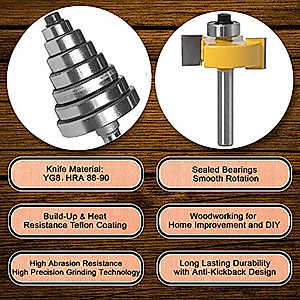 Eyech 1/4 Inch Shank Rabbet Router Bit Set with 6 Bearings Rabbeting Router Bit Bearings Set for Multiple Depths 1/8", 1/4", 5/16", 3/8", 7/16", 1/2"