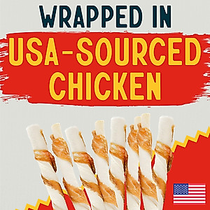 Canine Chews Chicken-Wrapped Rawhide Twists for Dogs - Pack of 45 U.S.A. Sourced Chicken Wrapped Rawhide Dog Treats, Sticks for Dogs - Premium & Natural Beefhide Chews