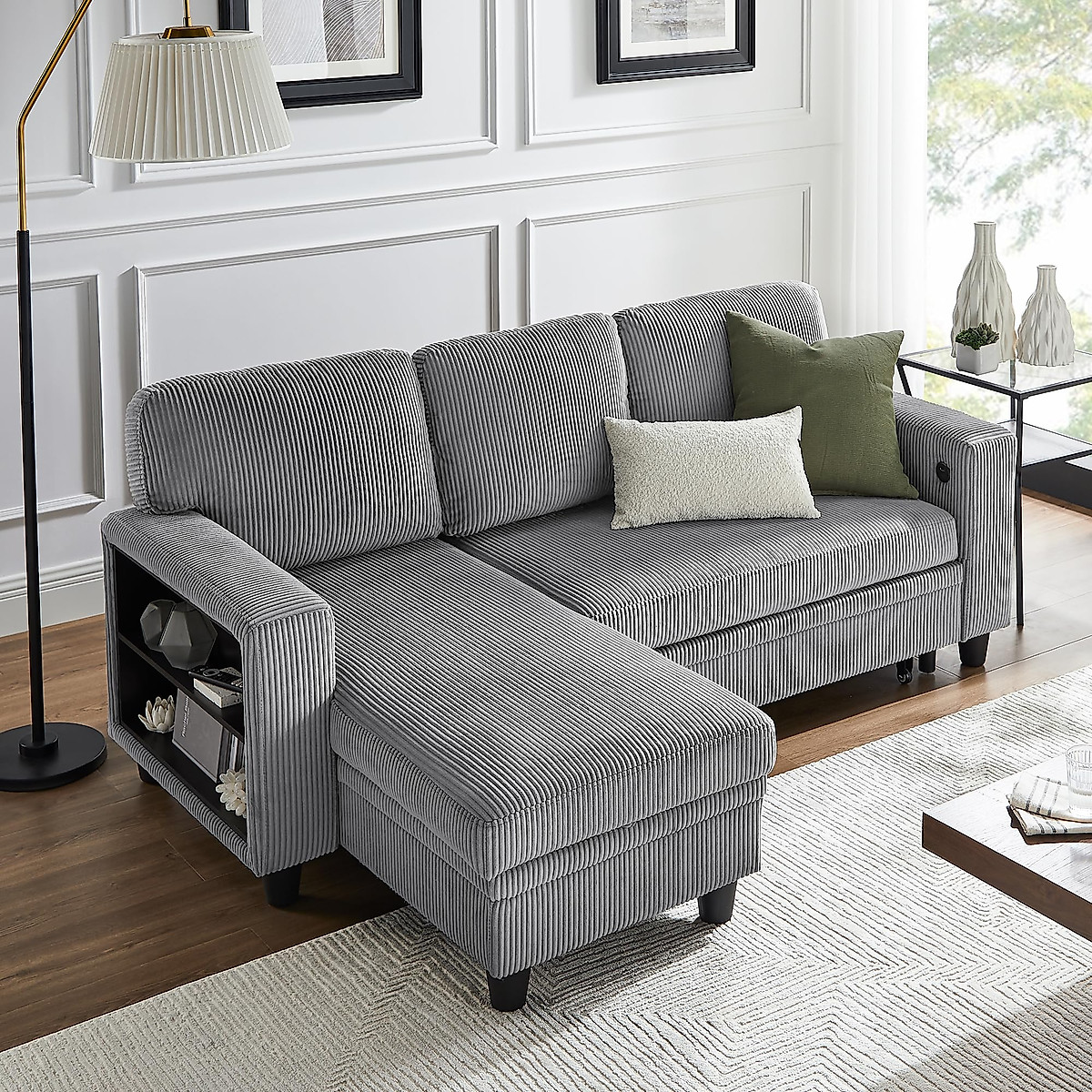 RedLemon 80”L-Shaped Sleeper Sofa Bed,Convertible Sectional Couch and Pull-Out Bed,with Storage Chaise,Built-in Bookshelves and USB Charging Ports - Light Grey