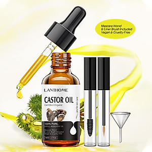 Lanthome Organic Castor Oil Cold Pressed Certified (1.7 Floz with Eyelash Kit), Black Castor Oil for Eyelashes, Eyebrows & Skin Moisturizer, Hair Growth Oil Hexane Free