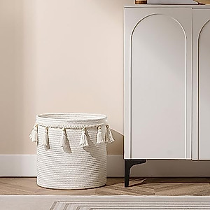 UBBCARE Decorative Cotton Rope Basket-14 x 15 in, Boho Woven Storage Basket with Tassel, Macrame Basket for Organizing Towels, Baby Toys, Cute Storage basket for Nursery