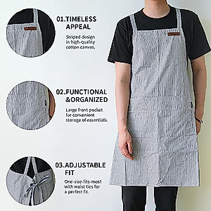 HANEE Cross-Back Apron for Men and Women, Cotton Canvas Apron with Stripes (3 Colors) (Navy Blue)