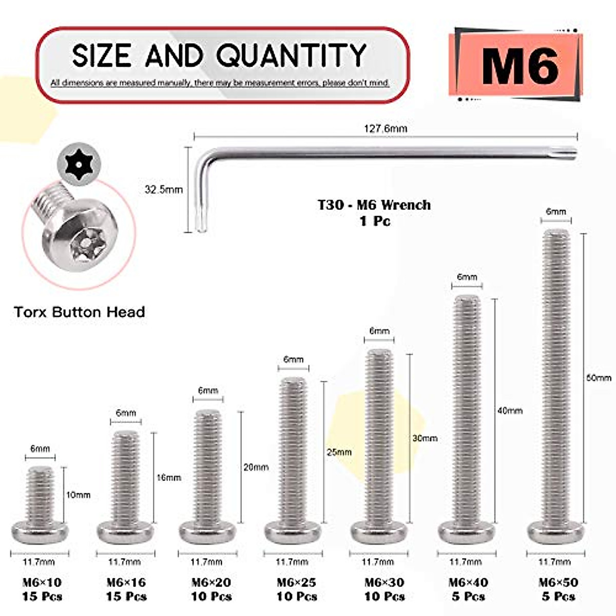 Hilitchi M6 Button Head Torx Security Screws Stainless Steel Tamper Proof Screws w T30 Bit (M6 Assortment Kit-70PCS)