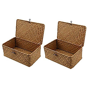 DOITOOL 2pcs Straw Storage Baskets with Lid Seagrass Seaweed Woven Storage Box Laundry Hampers Desktop Sundry Organizer for Clothes Washing Sorting Picnic 26X16x10CM