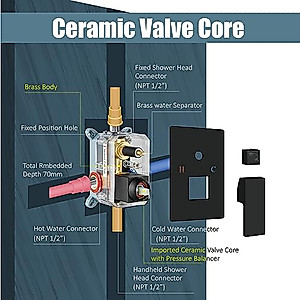 Aolemi Ceiling Mount Shower System, 12 Inch Rain Shower Head with Handheld Spray High Pressure Shower Faucet Set Rough-in Valve and Shower Trim Included Bathroom Matte Black Square Knob