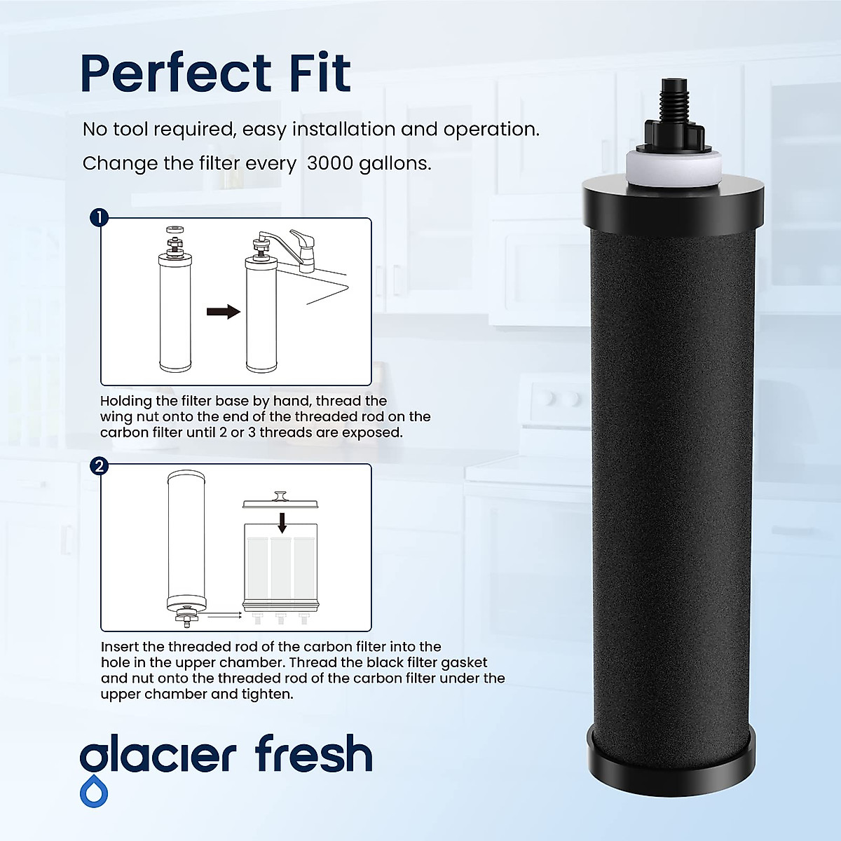 GLACIER FRESH for BB9-2 Black Purification Water Filter, Replacement for Berkey® BB9-2 Black Filters and Berkey® Gravity Water Filter System, 3 Pack
