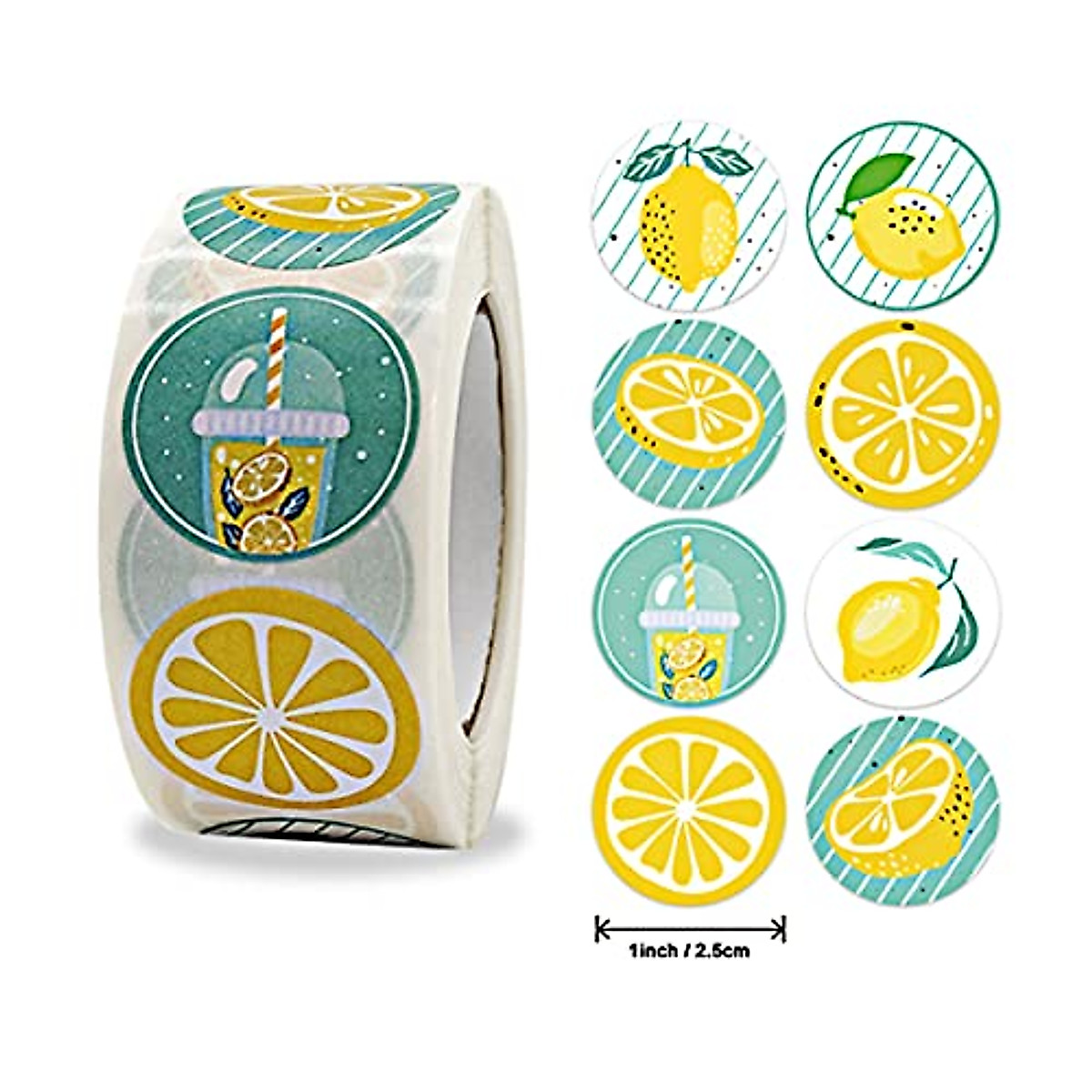 500pcs 1 Inch 8 Kinds of Design Lemon Stickers Roll for Envelope Seals, Party Favors Decoration, Gift Cards, Goodie Bags, Business and Boutique and Gift Bags Packaging