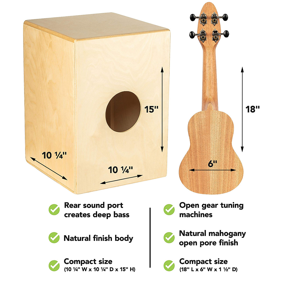 Meinl Percussion Snare Cajon Box Drum with Ukulele Jam Bundle — Keiki Sopranino by Ortega Guitars — Two Year Warranty, JC50K1