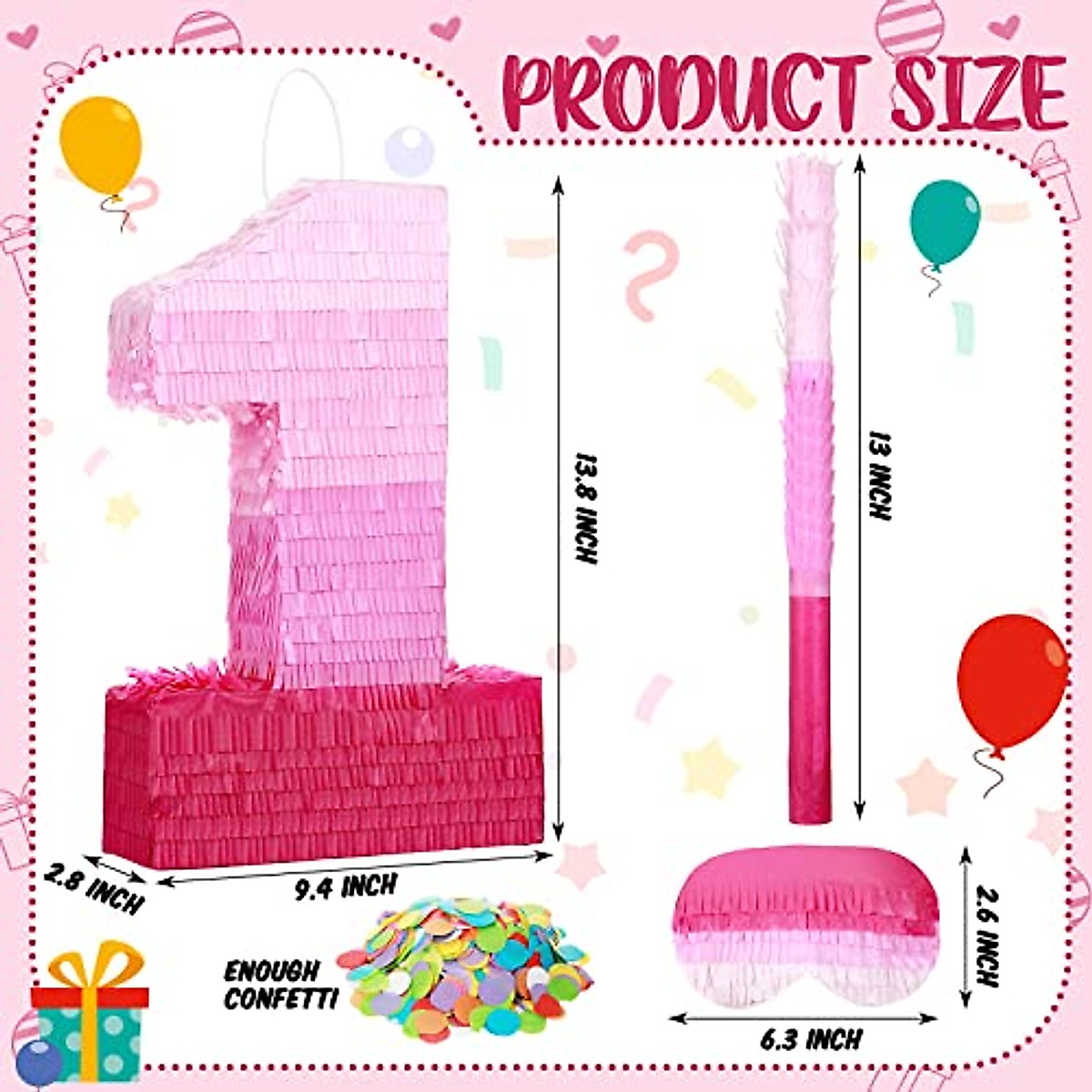 Number 1 Pinata First Birthday Pinata Decorations Gradient Pink Pinata with Stick Blindfold Confetti for Girls Boys Birthday Baby Shower Anniversary Party Decorations Supplies