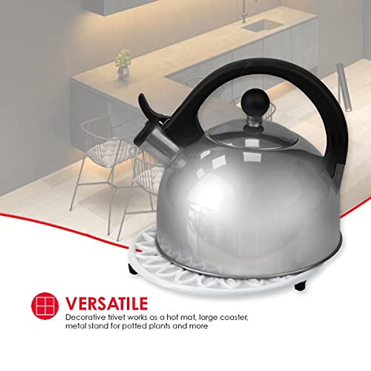 Home Basics Sunflower Collection, Heavy Duty Cast Iron Trivet, Elevated Base Kitchen Countertop & Dinning Room Table, (3, White)