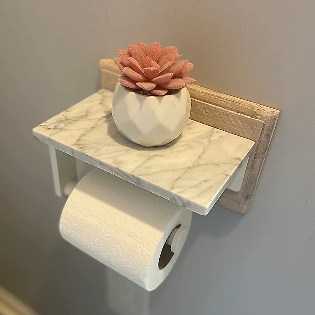 Gypie Toilet Paper Holder with Natural Marble Shelf, 304 Stainless Steel Screw Wall Mounted, Tissue Roll Paper Holder Dispenser for Bathroom Washroom White