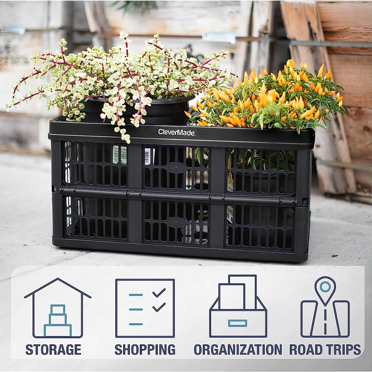 CleverMade Collapsible Milk Crates and Storage Bins - 25L Plastic Stackable Milk Crates, 3 Pack with 45L Plastic Stackable Grated Wall Utility Containers, 3 Pack - Black