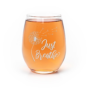 Just Breathe Dandelion Stemless Wine Glass - Just Breathe Gift, Dandelion Gift, Flower Gift, Momlife Gift, Just Breathe Wine Glass