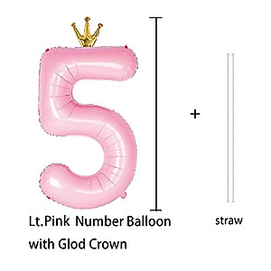 Gifloon Number 5 Balloon with Crown, Large number balloons 40 inch, 5th Birthday Party Decorations Supplies 5 Year Old Birthday Sign Decor, Pink